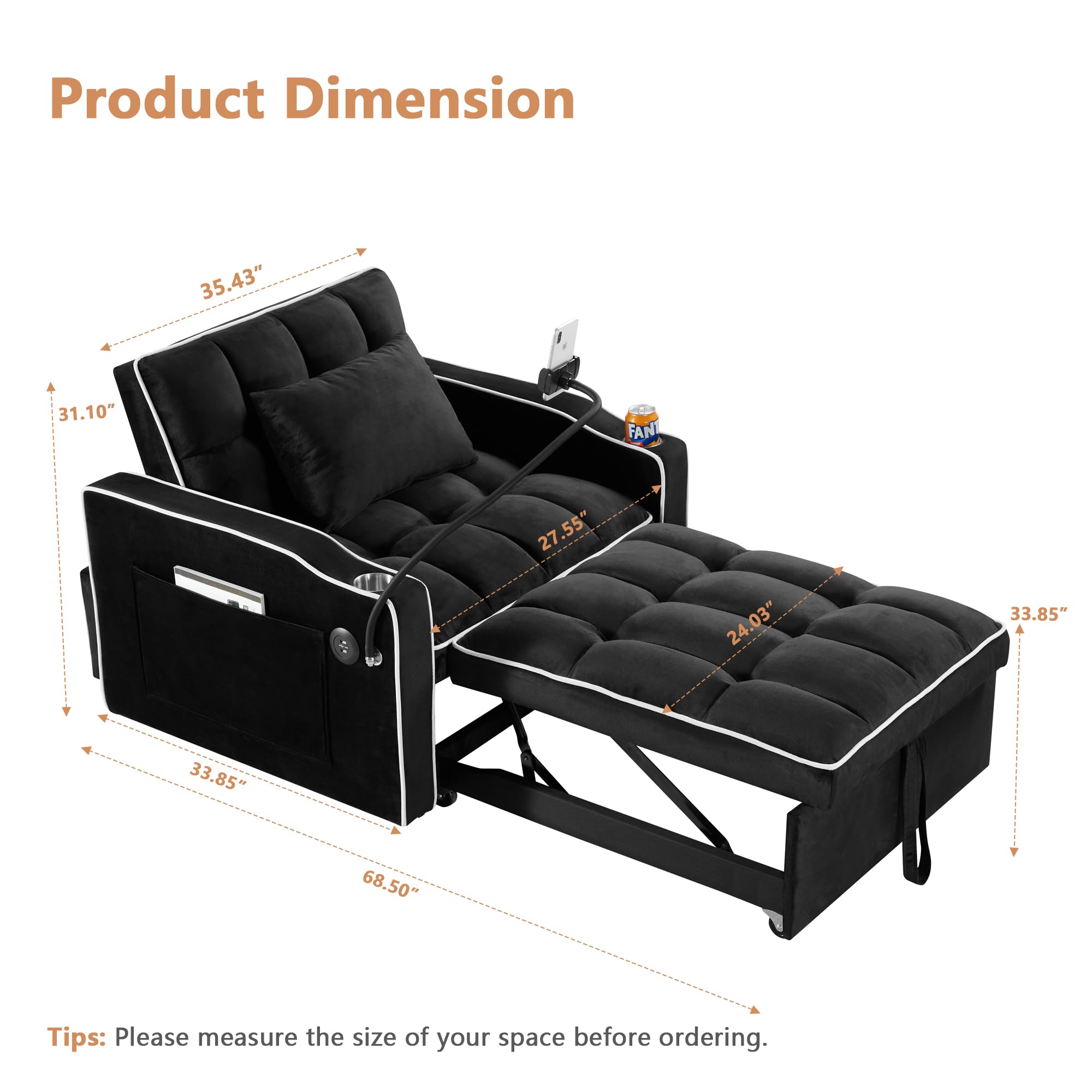 Setawix Convertible Chair Bed Sleeper, Tufted Velvet Pull Out Sleeper Chair with USB Ports & Phone Holder, Adjustable Armchair with Cup Holder Single Sofa Chair for Living Room Bedroom, Black