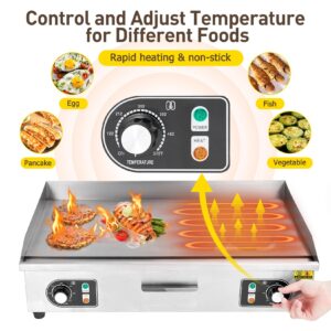 Takywep 30Inch Electric Griddle，Commercial Electric Countertop Grill, Non-Stick Electric Grill Plate (With Plug), Adjustable Temperature Control 122°F-572°F, 1600W/110V