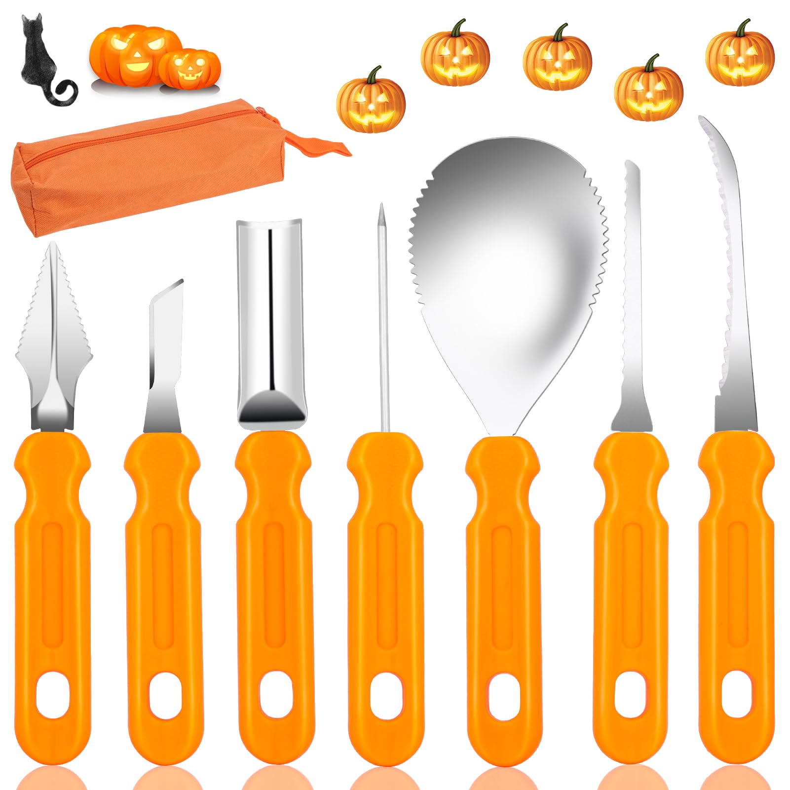 Halloween Pumpkin Carving Tools Kit, Professional and Heavy Duty Stainless Steel Pumpkin Cutter Knife Saw Scoop Tools Set for Kids or Adults, 7Pcs Carving Set for Halloween Decoration Jack-O-Lanterns