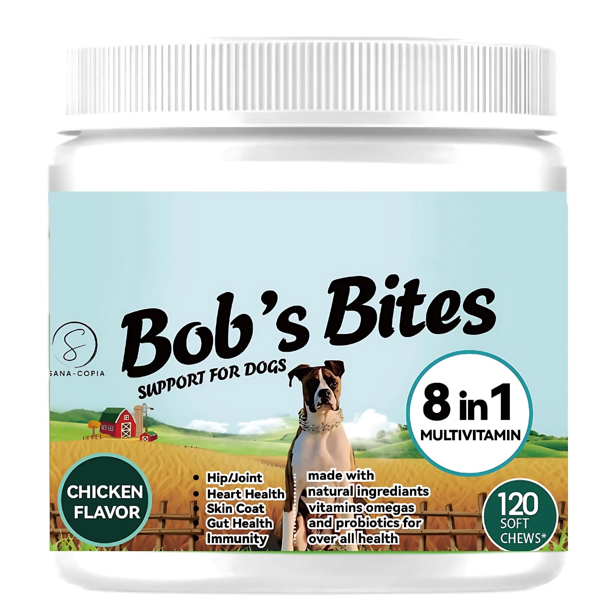 Sana-Copia Chicken Flavor Dog Multivitamin - 120 Soft Chews with Glucosamine, Chondroitin, MSM, Probiotics & Omegas for Joint, Skin, Heart & Gut Health