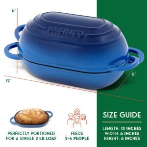 Enameled Cast Iron Bread Oven (Blue), Non-Stick Single Loaf Cast Iron Bread Pan with Lid, Easy Homemade Sourdough Dutch Oven with Lid, Oven-Safe Artisan Bread Baking Pan, Cast Iron Loaf Pan with Lid