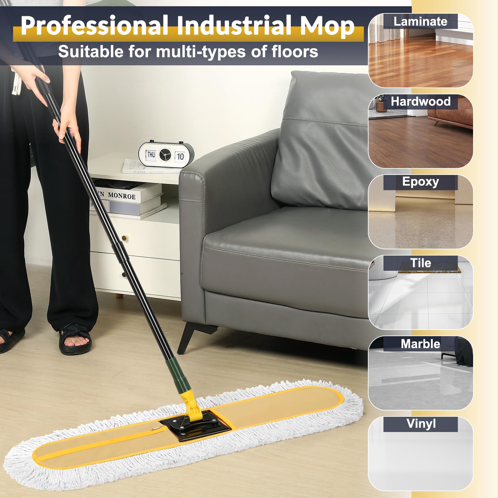 36" Commercial Dust Large Mops for Floor Cleaning, Heavy Duty Industrial Dry Wet Mop with Replacement Mop Head,Floor Dust Broom for Hardwood, Tiles, Marble Floors for Hotel Gym Household Cleaning