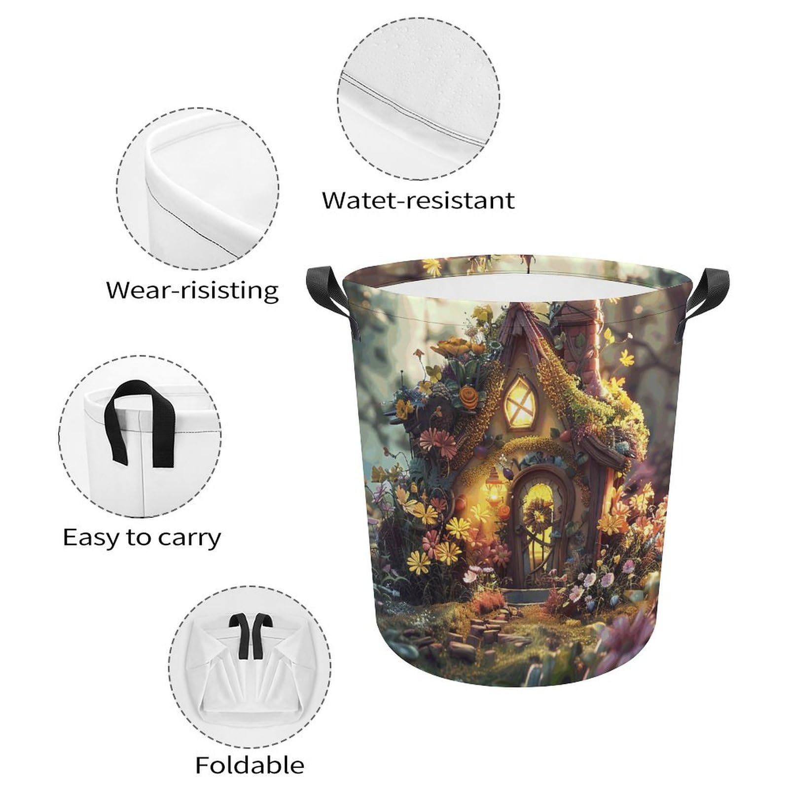 Large Laundry Basket Collapsible Laundry Hamper Waterproof Foldable Washing Bin Clothes Bag A Small Fairy Tale House Freestanding Dirty Clothes Hampers for Laundry, Bedroom, Dorm