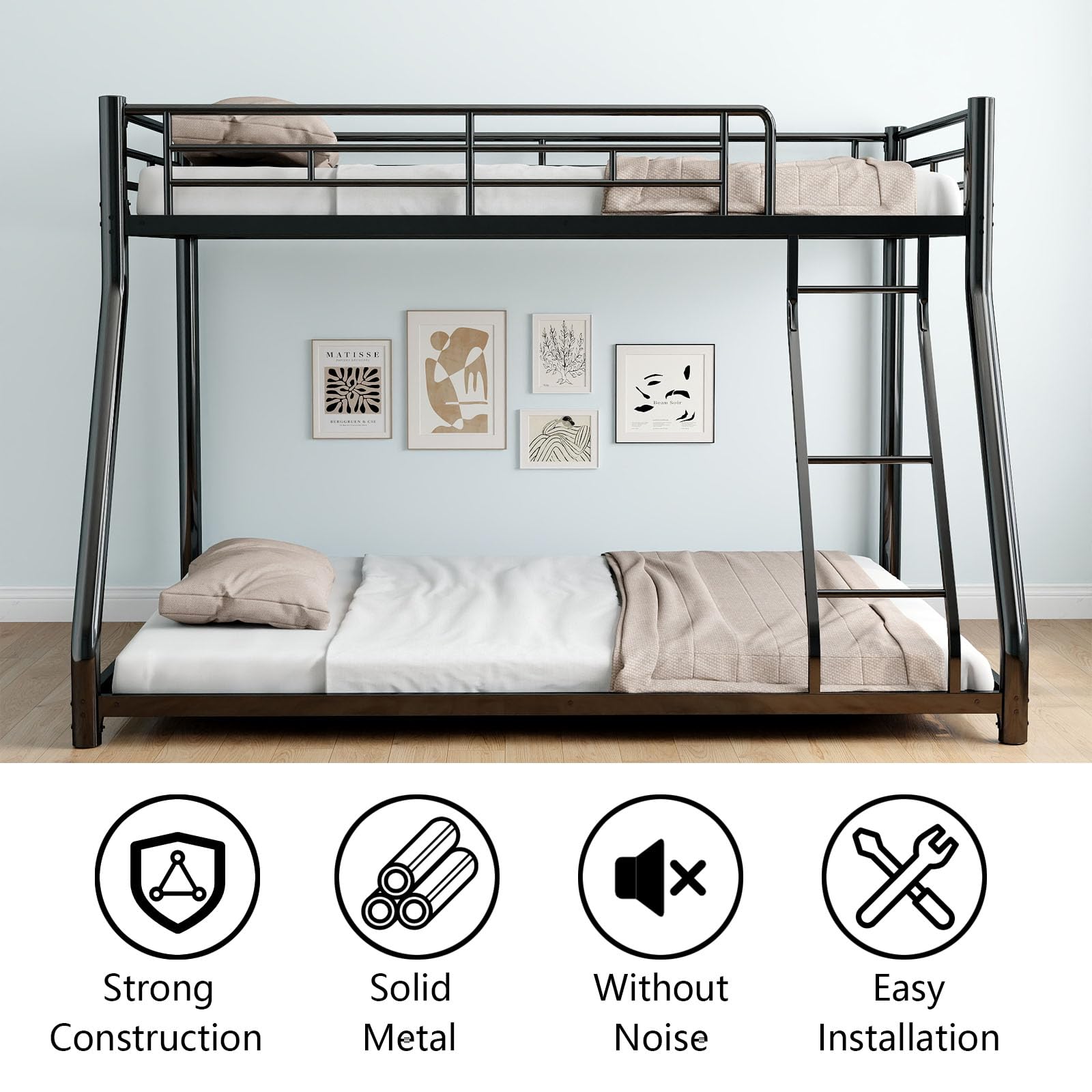 QSOSTNS Metal Bunk Bed Twin Over Full Size with Removable Stairs, Heavy Duty Sturdy Frame, Smooth Rounded Edges, No Boxspring Required, for Small Spaces, Twin-Over-Full (Black)