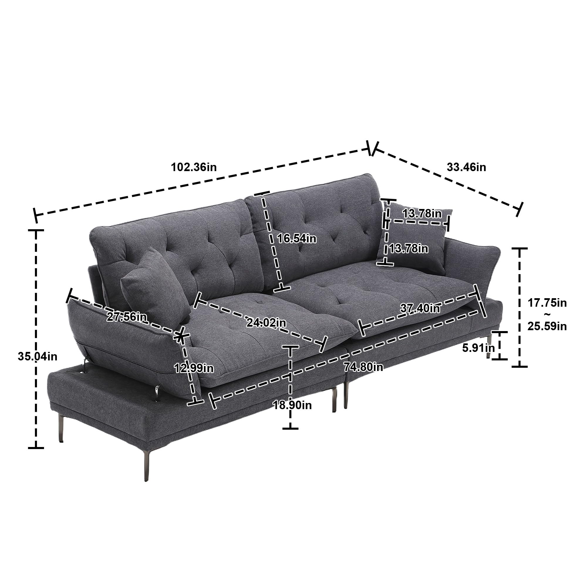 Spacious Loveseat Sofa with Metal Legs，Modern Futon Design, Tufted Accent, Convertible Arms,2-Seater Cloud Sofa for Living Room and Apartment (Dark Gray)