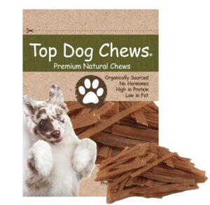 top dog chews - flat turkey tendons for dogs, 10 oz, made in the usa, 100% natural chew treats for dental care and stress relief, puppy training treats for all breeds