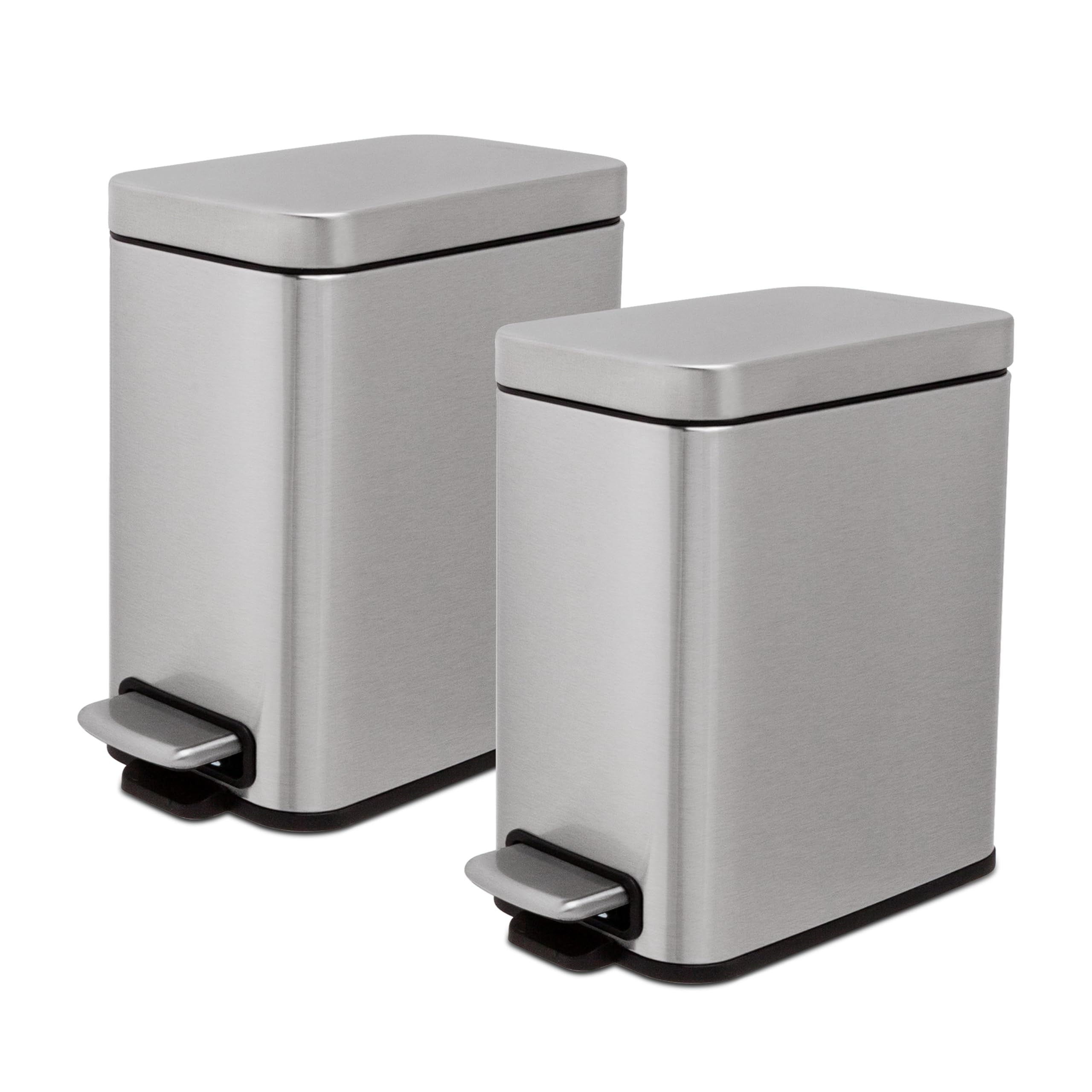 QUALIAZERO 5L / 1.3 Gallon Stainless Steel Step-On Bathroom Trash Can, Slim Shape, Pack of 2, Starter Set (Stainless Steel)