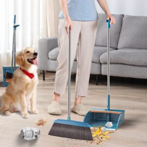 generic deal of the day prime today only, broom and dustpan set indoor 180° rotatable standing storage buckle type broom and dustpan set with scraping teeth and scraper cleaning for home, blue