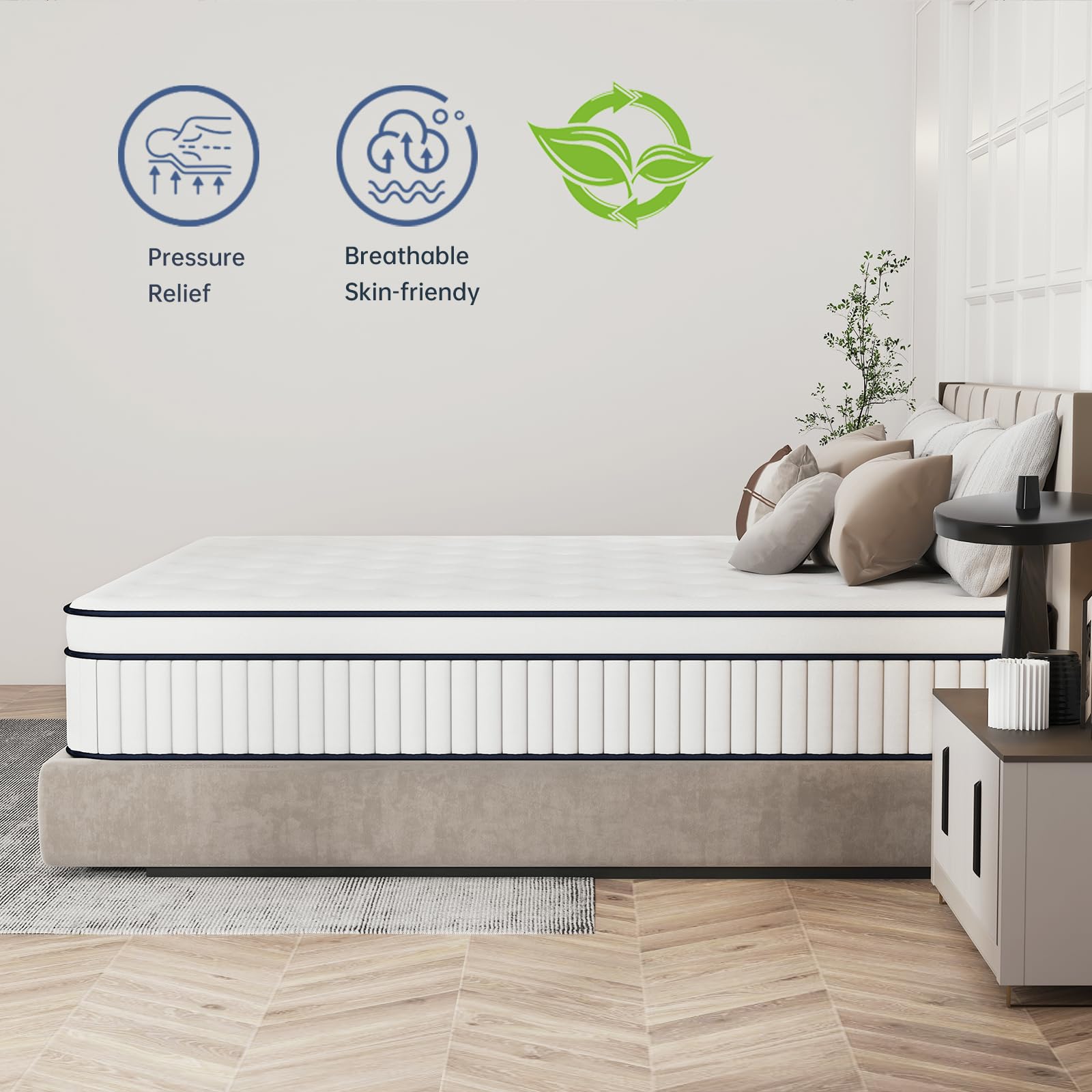 Queen Mattress, 14 Inch Queen Size Mattress in a Box, Hybrid Matterss with Pocket Spring and Soft Foam, Ultimate Motion Isolation, Strong Support, Medium