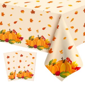 thanksgiving tablecloth disposable, fall tablecloth, 2 pcs friendsgiving tablecloth, plastic autumn pumpkins maple leaves harvest table cover for thanksgiving party decorations table decor, 54”x108”