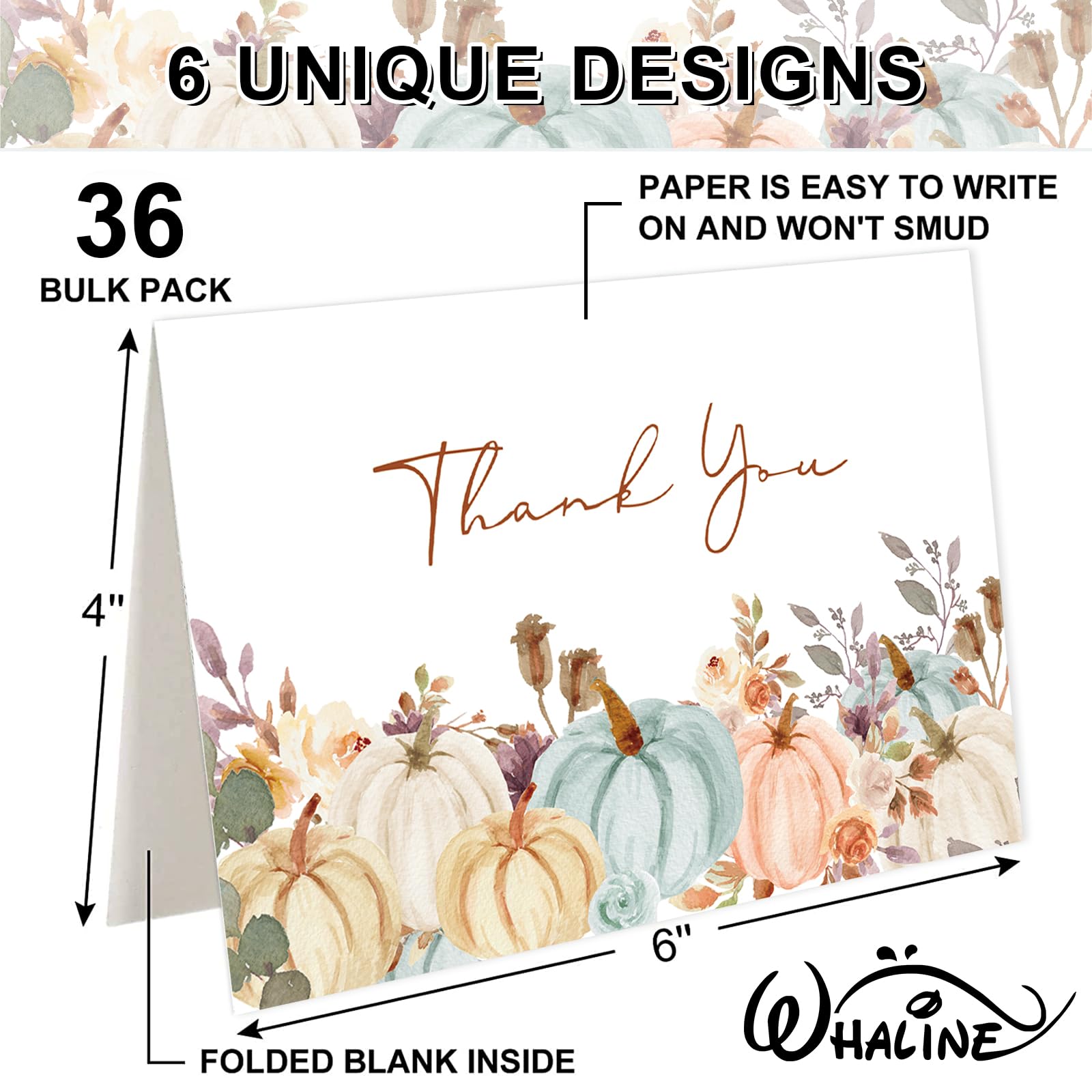 Whaline 36 Pack Fall Thank You Cards Watercolor Pumpkin Floral Greeting Cards Blank Note Cards with Envelope & Stickers for Autumn Thanksgiving Party Supplies, 4 x 6 Inch