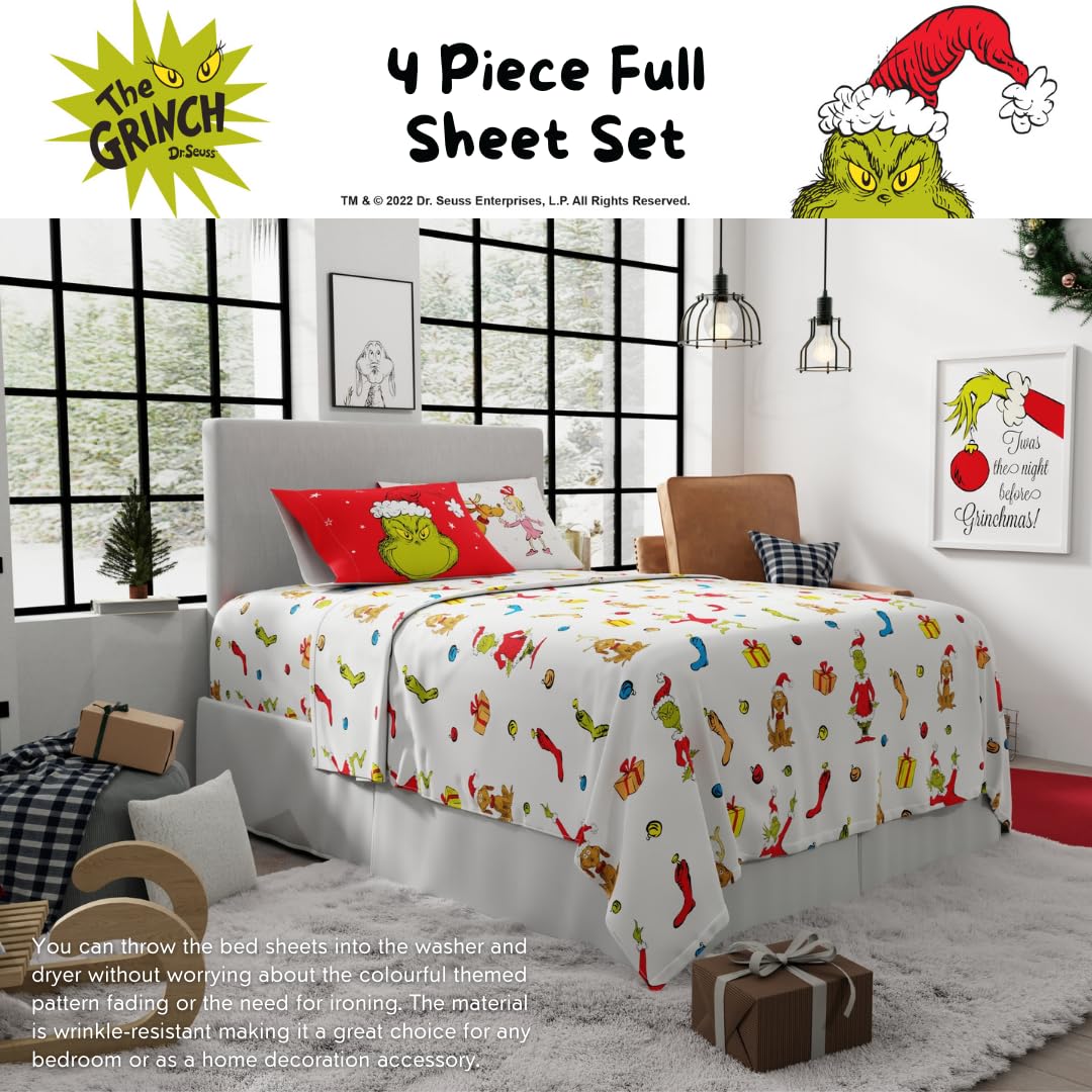 Franco Collectibles Dr. Seuss The Grinch Holiday & Christmas Bedding Super Soft Microfiber 4 Piece Full Sheet Set, (Officially Licensed Product)