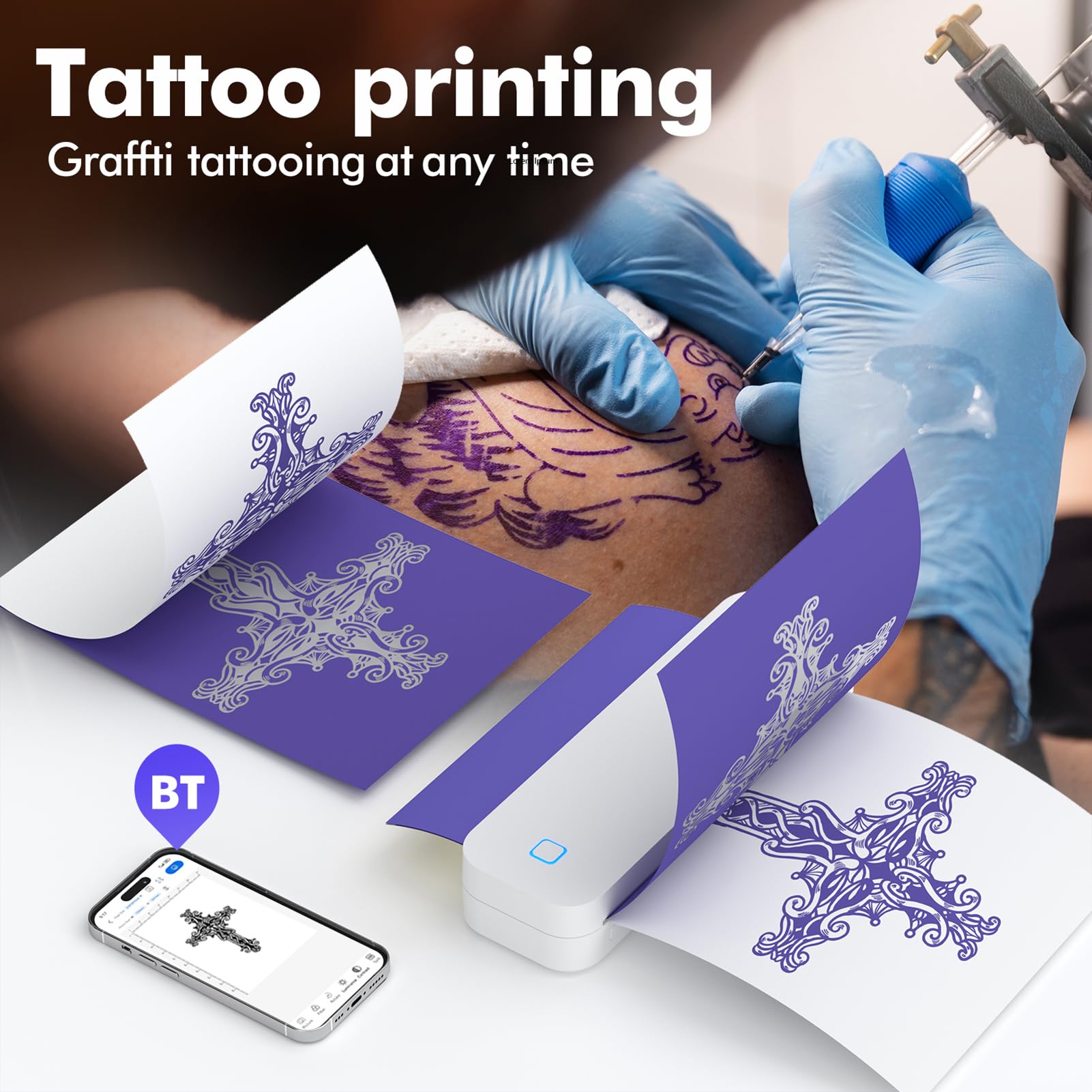 A4 Portable Thermal Transfer Printer Wireless Tattoo Transfer Printer Use with Mobile /Lap 56mm/77mm/107mm/210mm/216mm(2in/3in/4in/8in/8.5in) US Letter A5 Paper Size for Office School Compatible