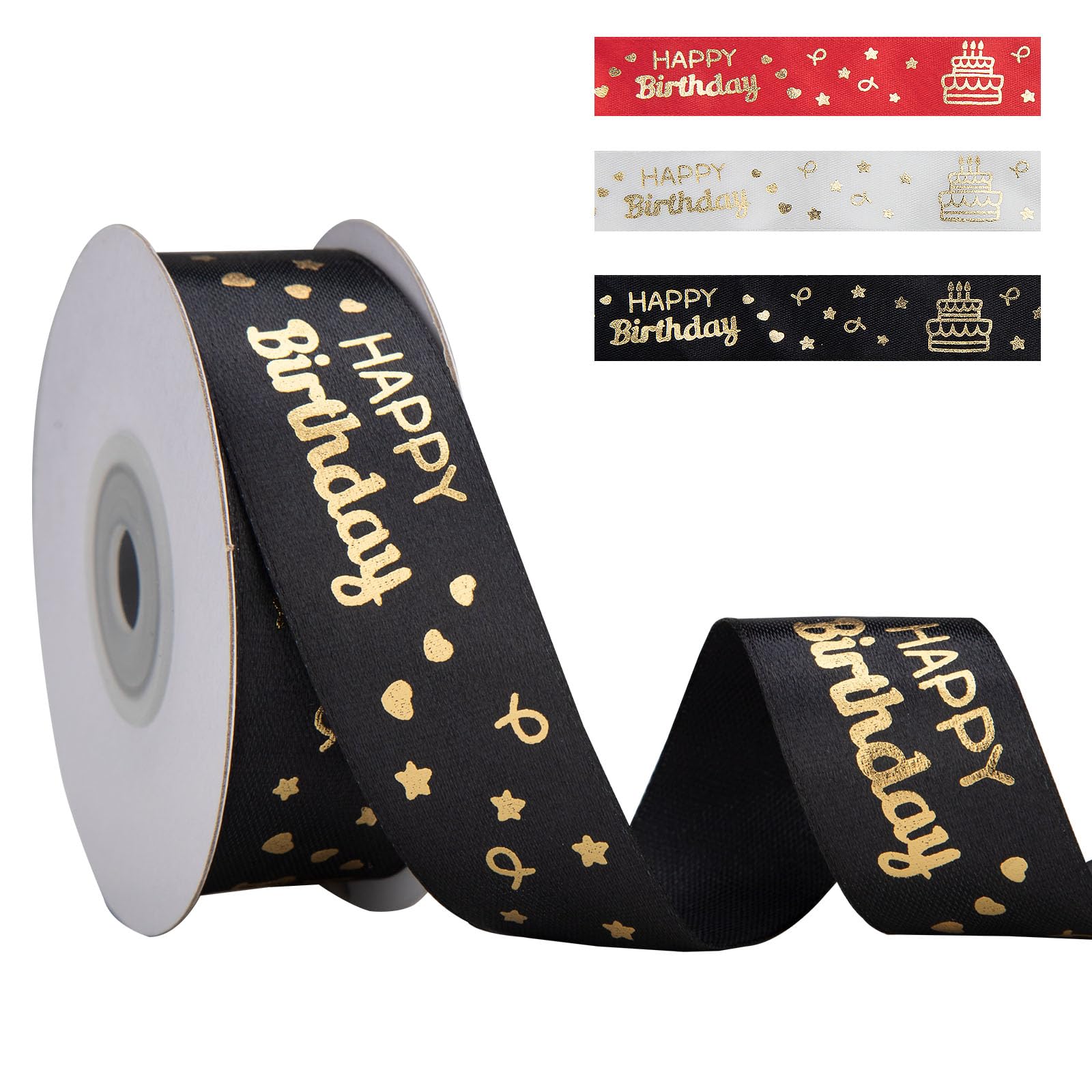 Gift Wrapping Satin Ribbon with Letter Print Happy Birthday, Black 1 Inch 25 Yards