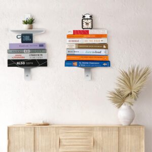 Atsgke Invisible Floating Bookshelf for Wall, 4 Tier Vertical Spine Bookshelves for Wall, Heavy-Duty Metal Vertical Bookshelf for Home Office, Floating Bookshelf Vertical 2 Pack White