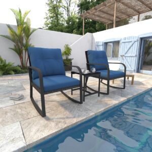 wallowsun 3 pieces outdoor rocking bistro set,patio conversation set w thick cushions and glass-top table for poolside patio garden(blue)