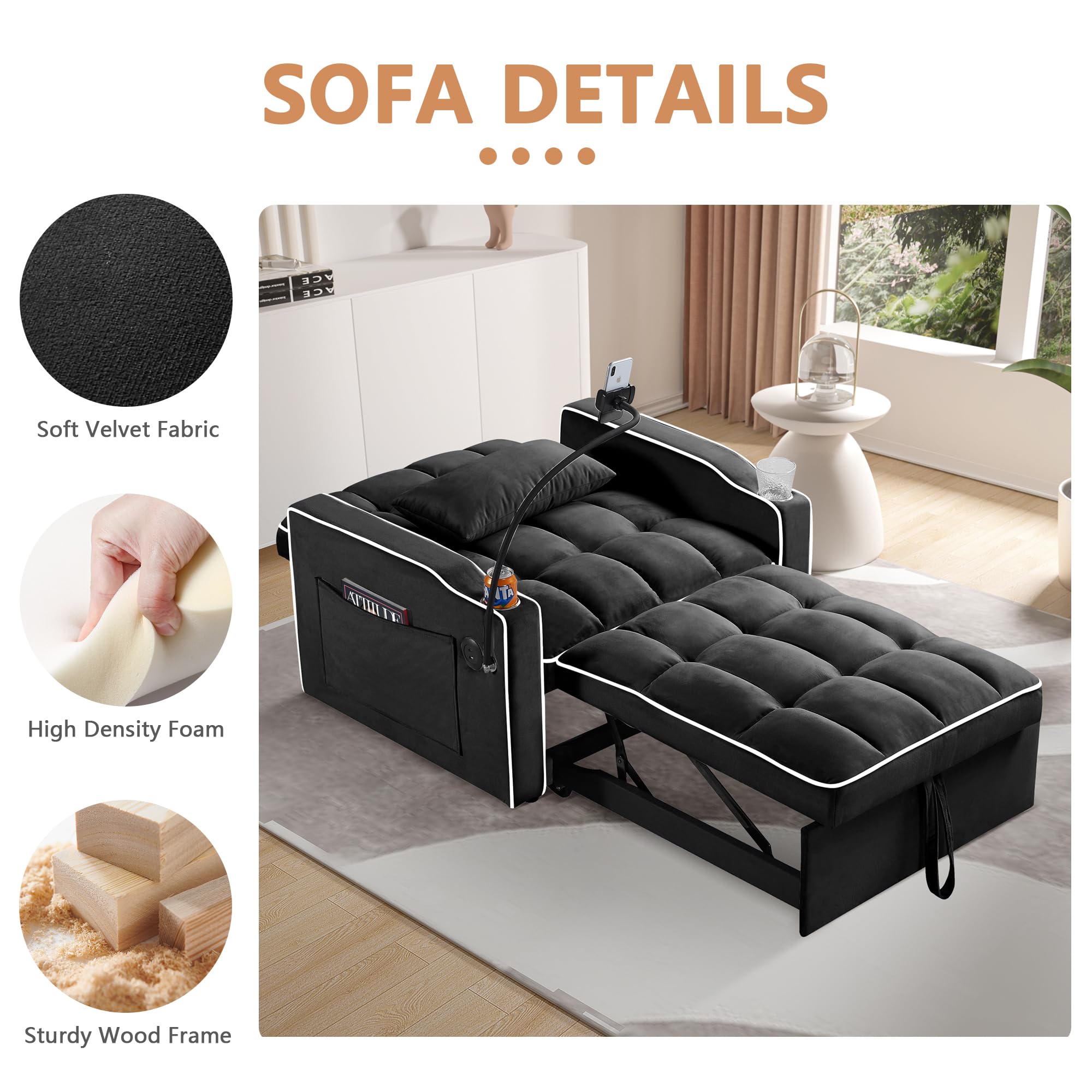 Setawix Convertible Chair Bed Sleeper, Tufted Velvet Pull Out Sleeper Chair with USB Ports & Phone Holder, Adjustable Armchair with Cup Holder Single Sofa Chair for Living Room Bedroom, Black