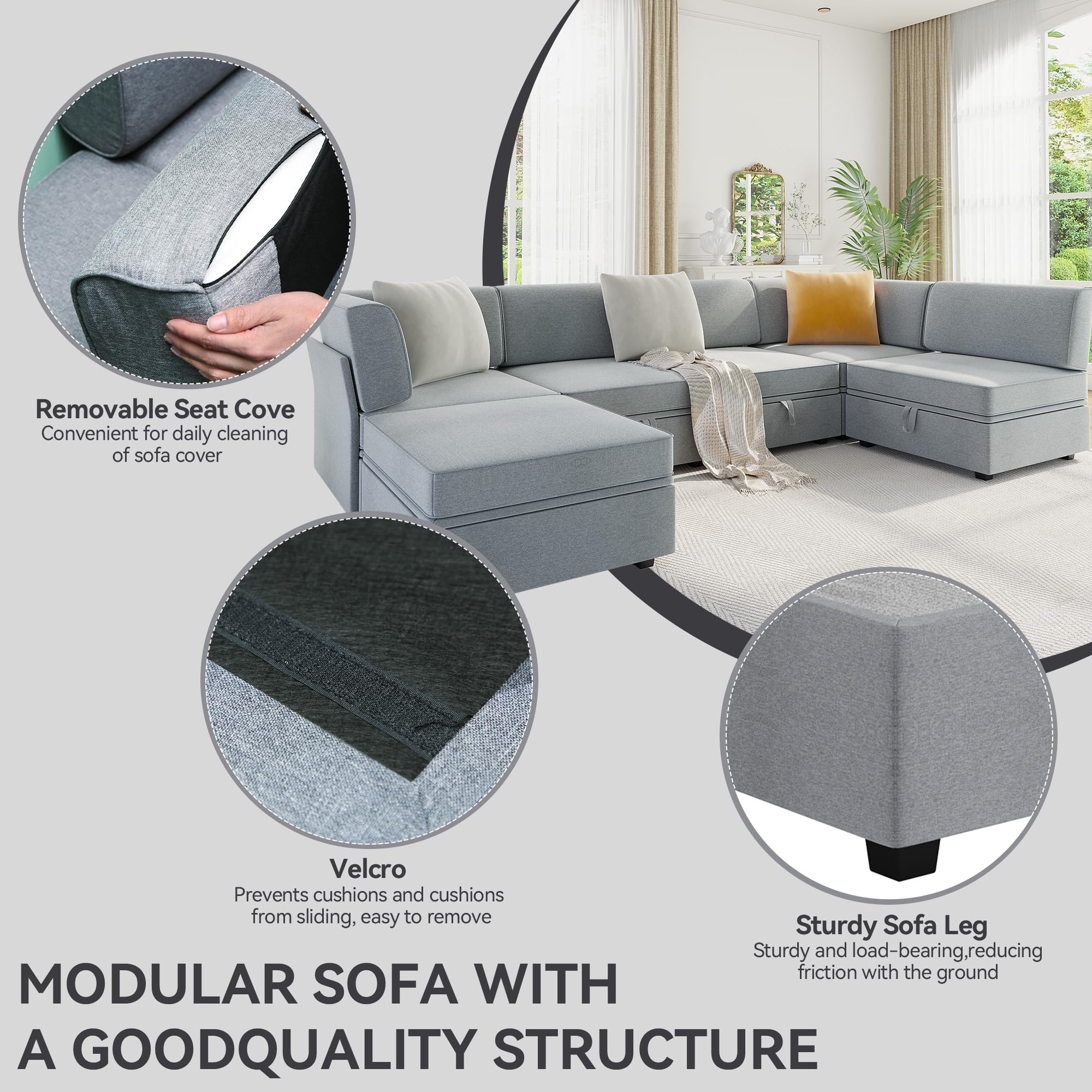 Lvifur 115” Sectional Couches for Living Room, Modern Modular Sofas with Storage, U/L Shaped 6 Seat Convertible Couch Sofa Set with Removable Cushion Cover (Light Grey)