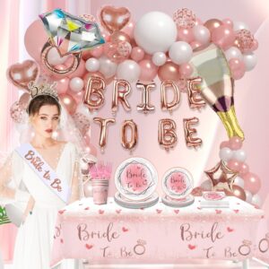 180pcs bachelorette party decorations,pink rose gold decor,bridal shower party supplies balloon arch,bride to be party favors tableware set plates fork cups napkins tablecloth,sash,vail,tiara