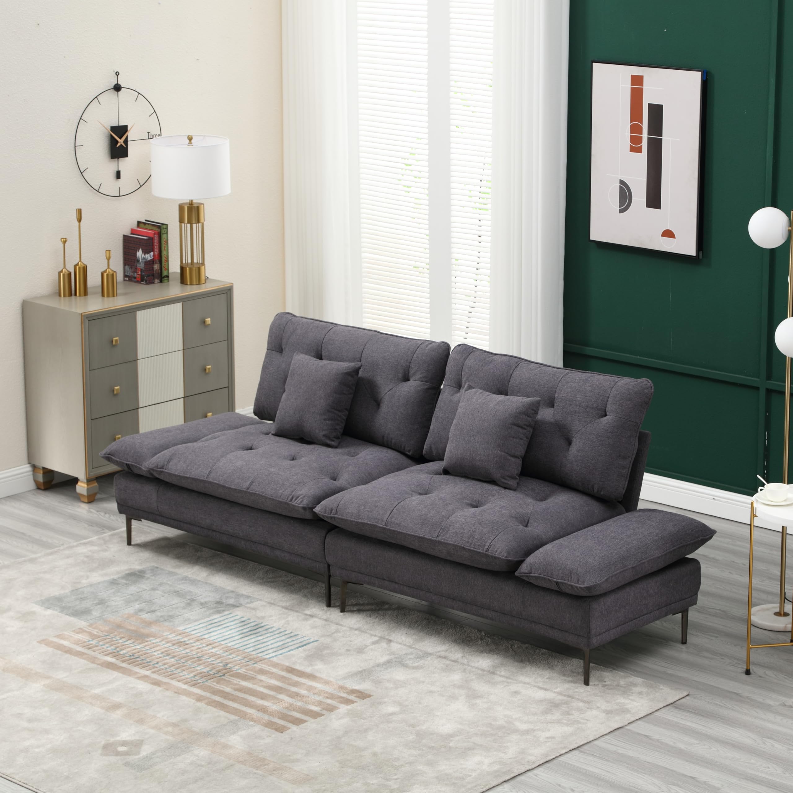 Spacious Loveseat Sofa with Metal Legs，Modern Futon Design, Tufted Accent, Convertible Arms,2-Seater Cloud Sofa for Living Room and Apartment (Dark Gray)