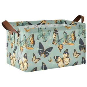 kuejop mint green butterflies rectangle storage bin, decorative collapsible organizer storage basket with handles for home