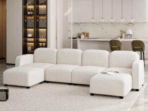 favfurish 116" u shaped modular sofa,6 seat reversible free combination velvet set,convertible sleeper couched,with ottoman,for living, apartment,sleeping room,beige, 116in