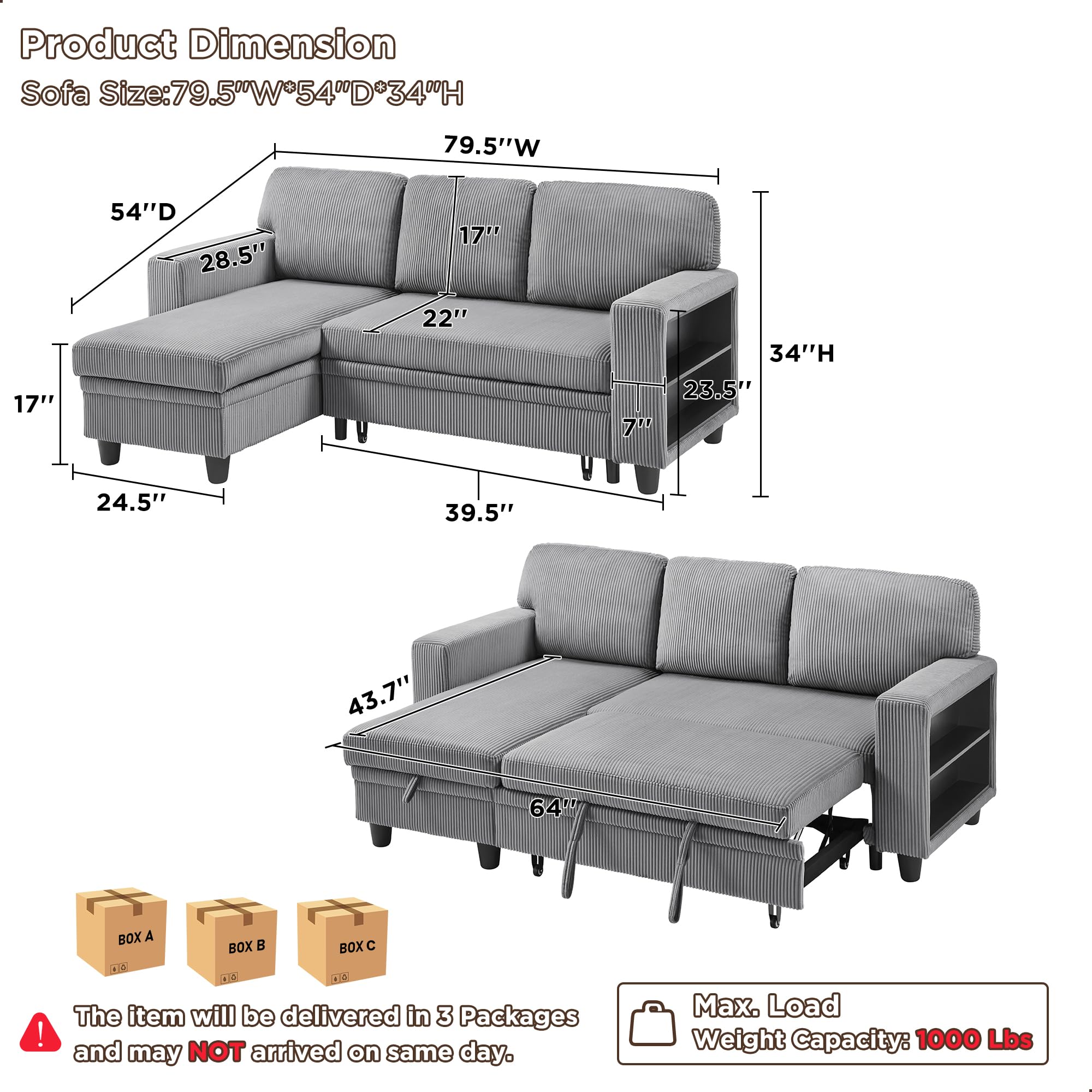 RedLemon 80”L-Shaped Sleeper Sofa Bed,Convertible Sectional Couch and Pull-Out Bed,with Storage Chaise,Built-in Bookshelves and USB Charging Ports - Light Grey