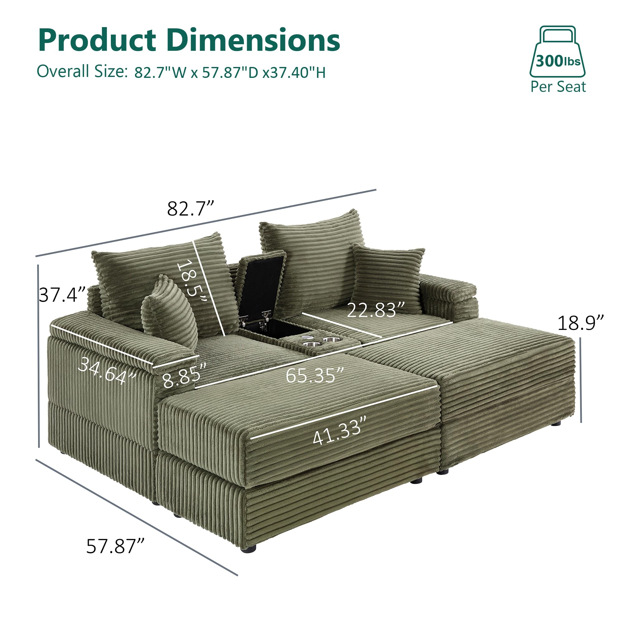 Suheww Oversized Loveseat Sectional Sofa Couch with Ottomans, Oversized 2-Seater Green Corduroy Chaise Lounge Chair with USB Ports, Corduroy Sofa Double-Upholstered Comfy Sleeper Sofa for Living Room