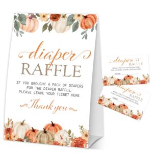 thanksgiving diaper raffle tickets, fall pumpkin baby shower raffle tickets for gender reveal party games, autumn baby shower decorations, 1 sign & 50 guess cards-a04