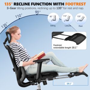 GABRYLLY Ergonomic Office Chair with Adjustable Lumbar Support, 3D Armrests & Headrest, 135° Reclining Chair with Footrest & Large Steel Base,300LBS Swivel Desk Chair(GYMN01)