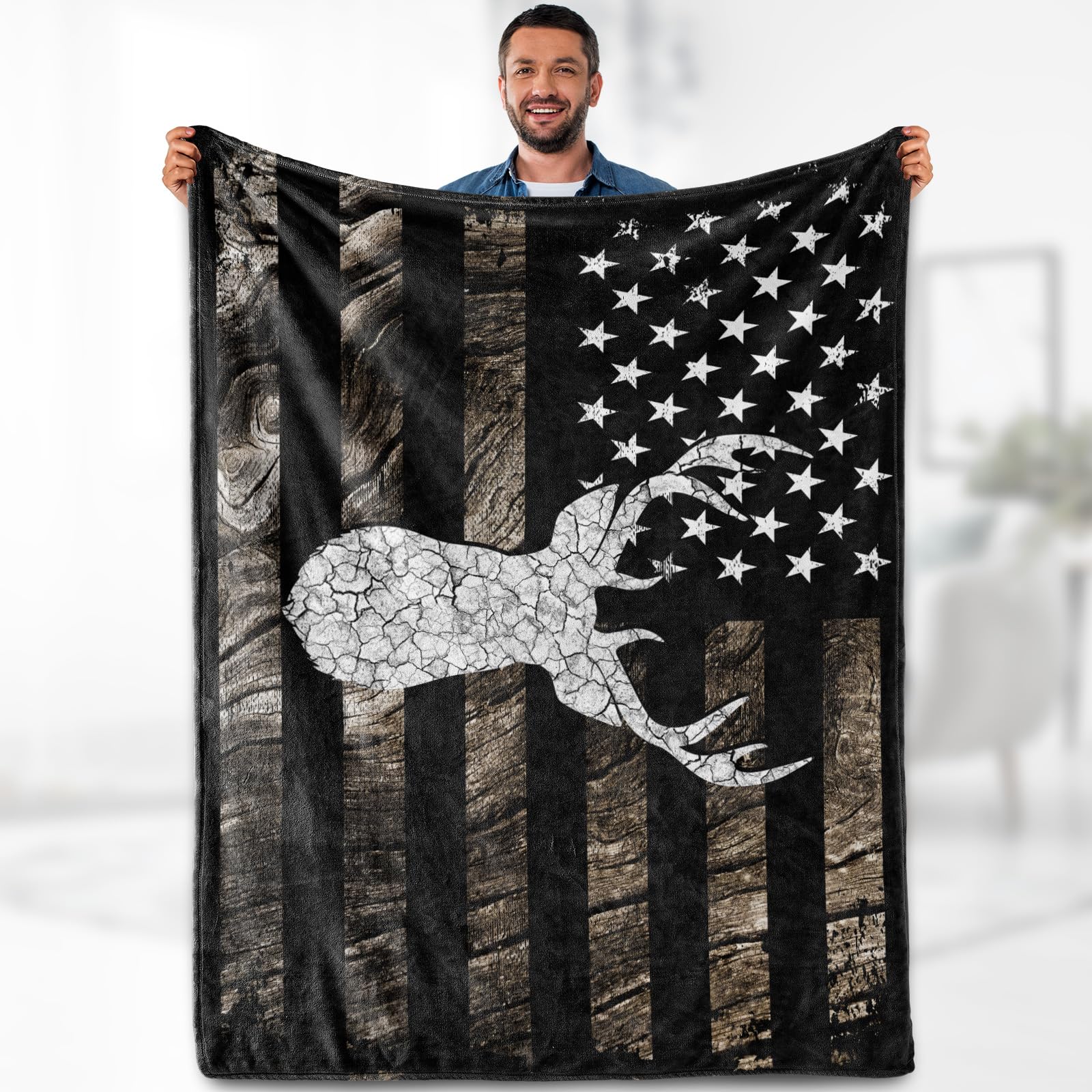 American Flag Deer Blanket Gifts - Hunting Camo Deer USA PatrioticTheme US Throw for Veteran Kids Men Boys Adults Bedroom Travel Camping Decor Soft Birthday Christmas Lightweight Blanket 50"x60"