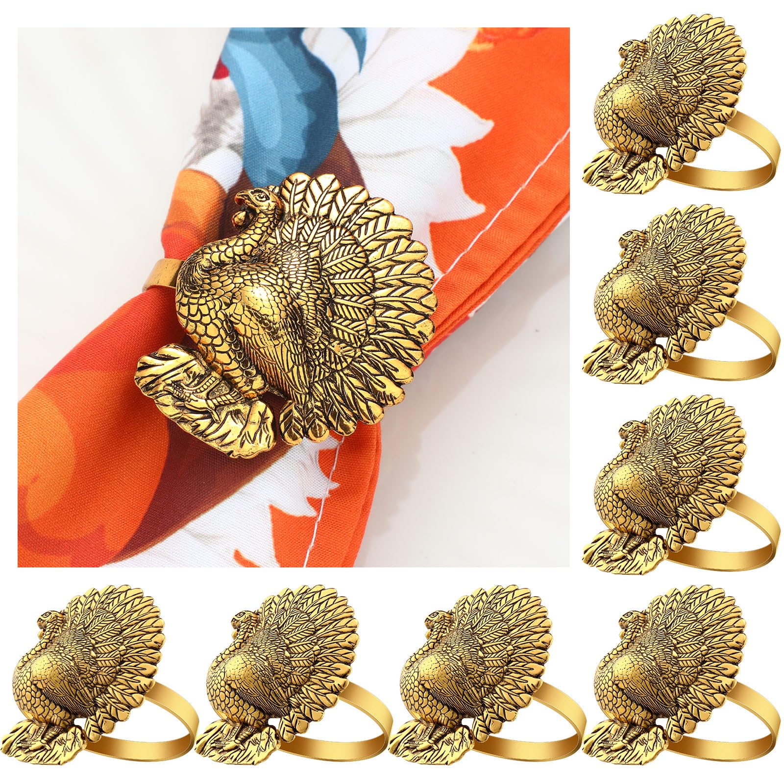 WILLBOND 12 Pcs Turkey Bird Gold Napkin Ring Thanksgiving Turkey Napkin Ring Fall Metal Napkin Holders Gold Serviette Buckles for Thanksgiving Autumn Halloween Turkey Theme Party Table Celebration