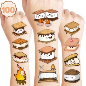 cute smores temporary tattoos campfire birthday party decorations favors supplies camping baby shower themed stickers 10 sheets 100 pcs gifts for kids girls boys decor class school carnival christmas