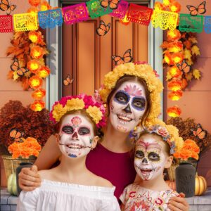 Day of The Dead Decorations Kit,9 Mexican Banners Papel Picado,9.8ft 20Led Marigold Garland,20 Marigold Flowers with Stem,12PCS Butterfly,Dia de Los Muertos Decorations for Halloween Indian Party