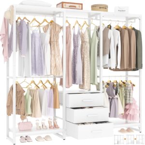 aheaplus garment rack heavy duty clothes rack for hanging clothes,clothing rack with drawers, wood stoarge shelf freestanding closet wardrobe rack, corner l shaped closet system organizers, w3,white