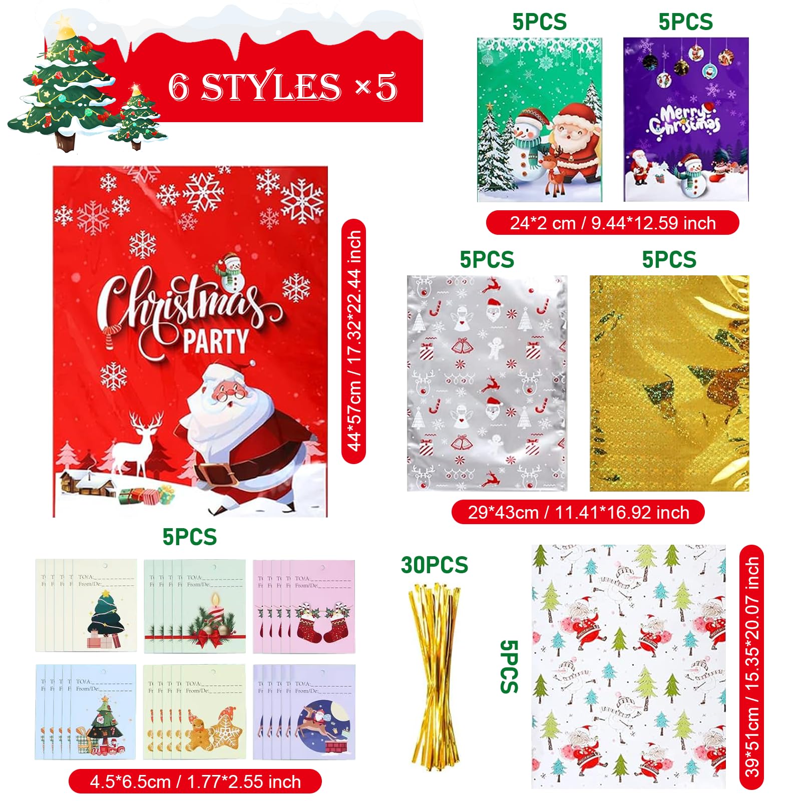 Qzndhrua Christmas Gift Bags - Christmas Drawstring Bags 30 PCS - Christmas Packaging Bags - 10 Seconds Wrapping, Christmas Party Bags with Tags