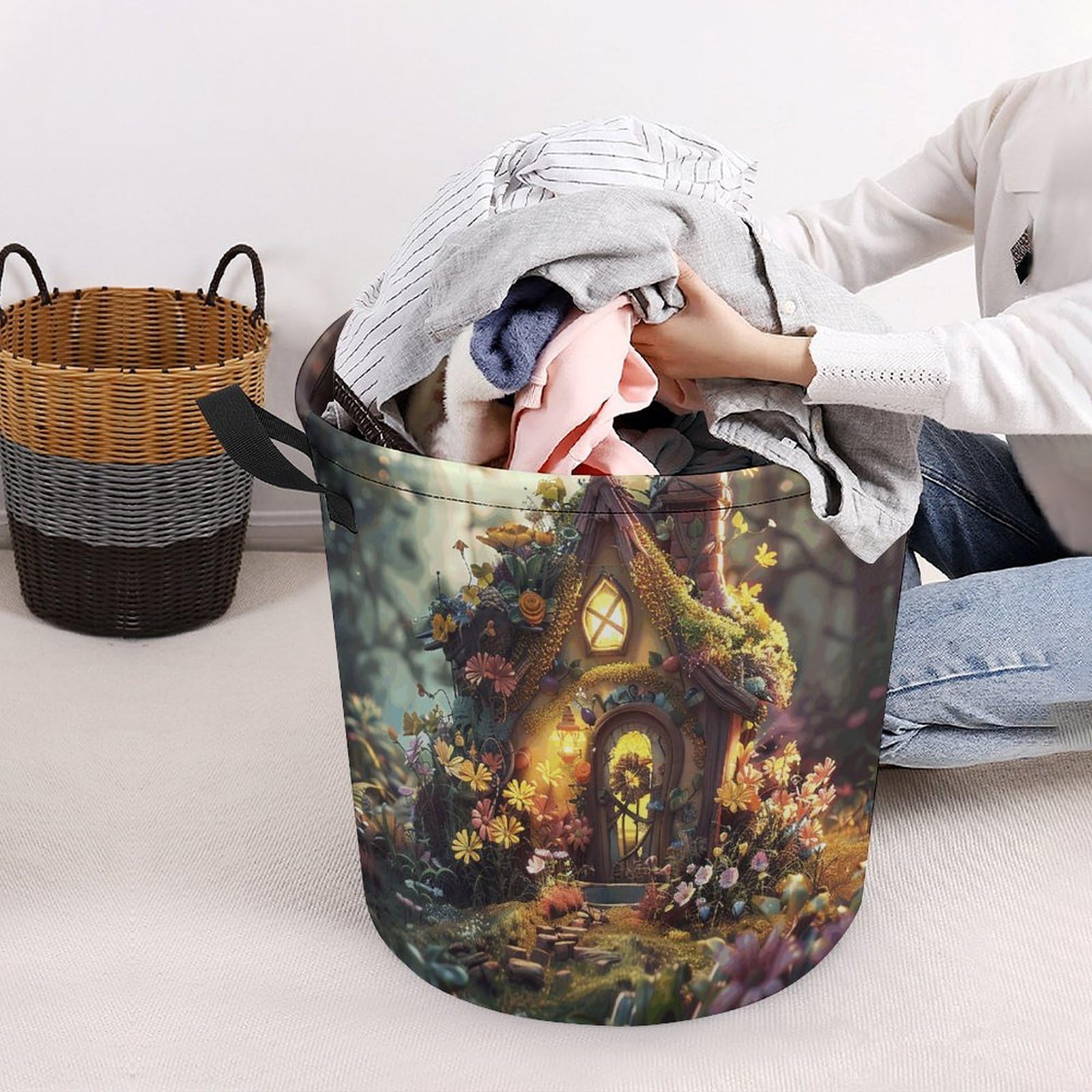 Large Laundry Basket Collapsible Laundry Hamper Waterproof Foldable Washing Bin Clothes Bag A Small Fairy Tale House Freestanding Dirty Clothes Hampers for Laundry, Bedroom, Dorm