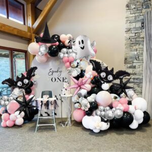 pink black silver white halloween balloon garland kit 130pcs with starburst ghost balloon and wizard hat for girl baby shower happy boo day spooky one birthday party decoration