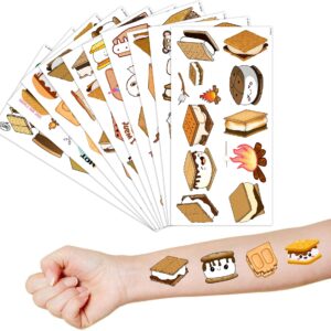 Cute Smores Temporary Tattoos Campfire Birthday Party Decorations Favors Supplies Camping Baby Shower Themed Stickers 10 Sheets 100 PCS Gifts for Kids Girls Boys Decor Class School Carnival Christmas