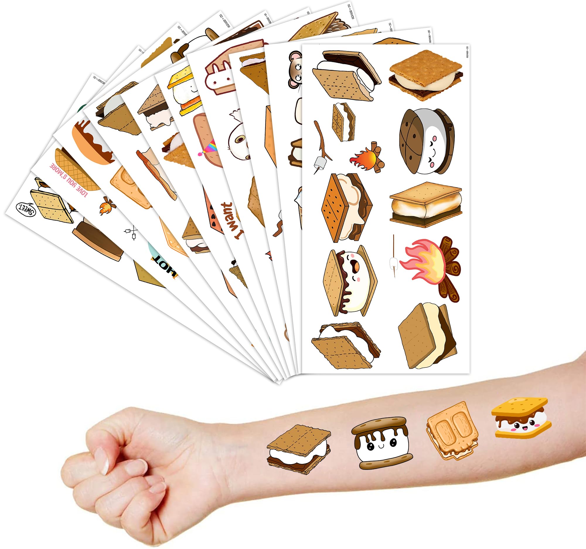 Cute Smores Temporary Tattoos Campfire Birthday Party Decorations Favors Supplies Camping Baby Shower Themed Stickers 10 Sheets 100 PCS Gifts for Kids Girls Boys Decor Class School Carnival Christmas