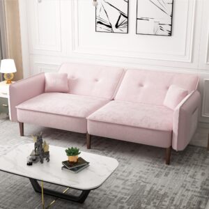 LOPOO Modern Convertible Sleeper Futon Sofa Bed with Solid Wood Legs, Stylish Fabric Upholstery, Foldable Loveseat Velvet Couch, Comfortable Foam Filling, 2 Side Pockets, 3 Positions, Pink