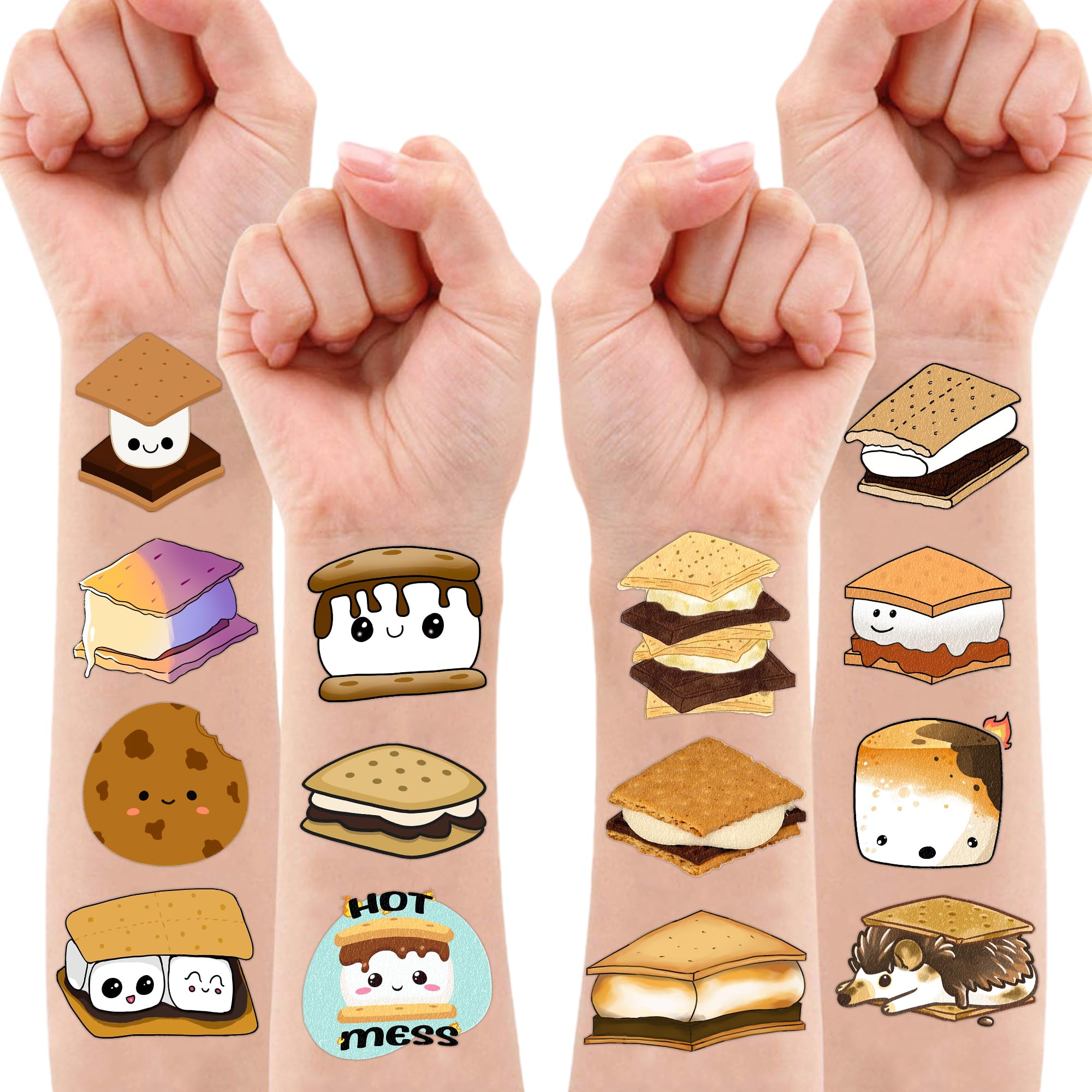 Cute Smores Temporary Tattoos Campfire Birthday Party Decorations Favors Supplies Camping Baby Shower Themed Stickers 10 Sheets 100 PCS Gifts for Kids Girls Boys Decor Class School Carnival Christmas