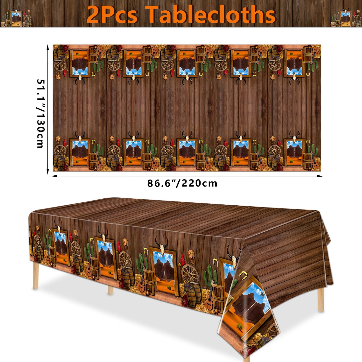 Hegbolke 2 Pack Western Tablecloths - Western Birthday Table Cover Wild West Theme Saloon Yeehaw Scene Setters Tablecloth for Western Theme Baby Shower Birthday Party, 86.6 x 51.2 Inch