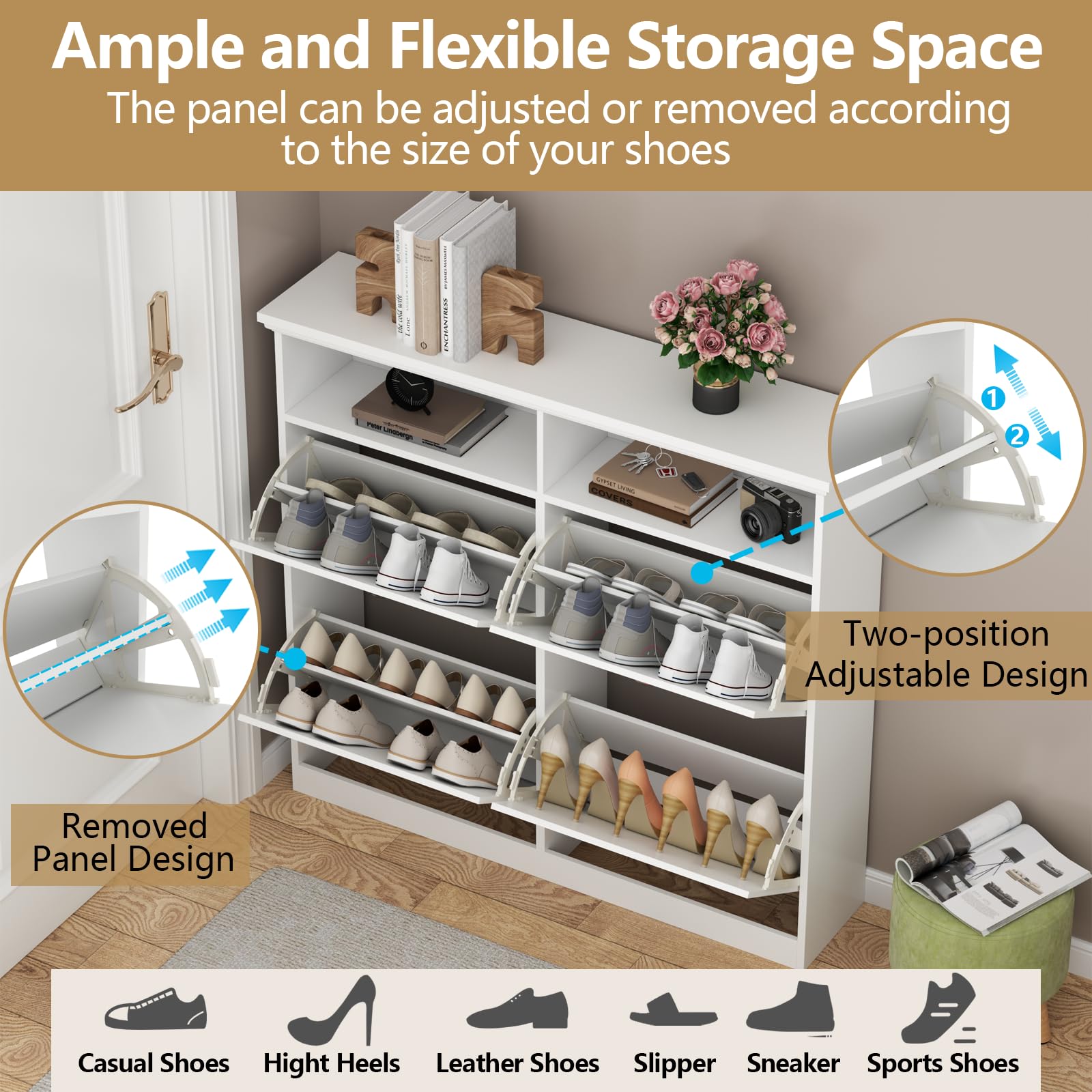 Loomie Shoe Cabinet with 4 Flip Drawers, Freestanding Shoe Storage Cabinet with Open Shelves, Hidden Slim Narrow Shoe Rack Cabinet, Shoe Organizer Cabinet for Entryway, Foyer, Hallway (White)