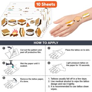 Cute Smores Temporary Tattoos Campfire Birthday Party Decorations Favors Supplies Camping Baby Shower Themed Stickers 10 Sheets 100 PCS Gifts for Kids Girls Boys Decor Class School Carnival Christmas