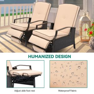 YITAHOME Patio Outdoor Recliner Chairs Set of 2 Adjustable Wicker Reclining Lounge Chairs, Dual-use Rattan Lounge Chairs with Soft Thick Cushions, Extended Footrest, Flip Back (Brown + Beige)