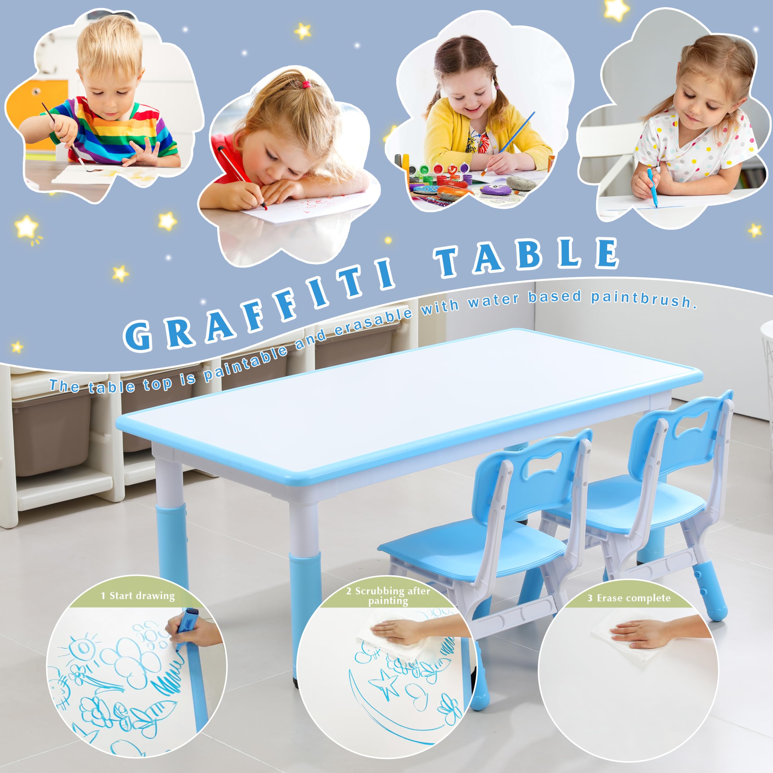 Goldshire Kids Table and 6 Chairs Set with Graffiti Desktop, Toddler Furniture Set, Non-Slip, Table Children Study Desk, Dining Table, Height Adjustable Desk, Painting Desktop for Kids (47.2x23.6Inch)