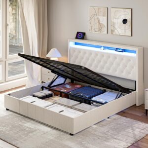 weltoke king size lift up storage bed frame, heavy duty king platform bedframe with upholstered tufted headboard, hydraulic storage/led lights/charging station, modern beige