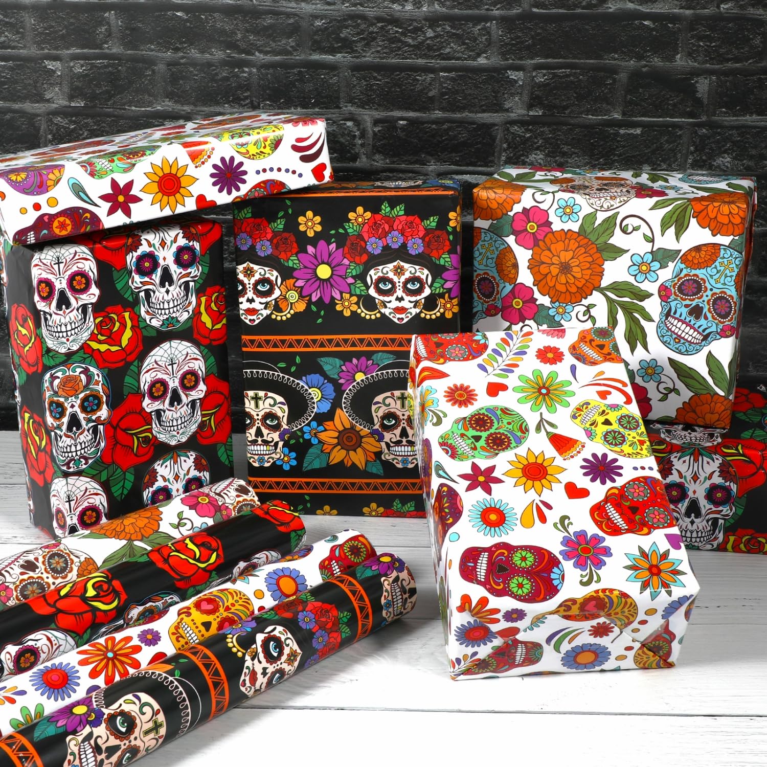 YVAINE ​​​​​​12 Sheets Day of the Dead Wrapping Paper Mexican Sugar Skull Wrapping Paper Folded Flat Art Paper for Dia De Los Muertos Halloween Birthday Party, ​​​​20 x 27 Inches