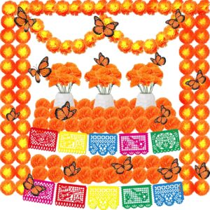 day of the dead decorations kit,9 mexican banners papel picado,9.8ft 20led marigold garland,20 marigold flowers with stem,12pcs butterfly,dia de los muertos decorations for halloween indian party